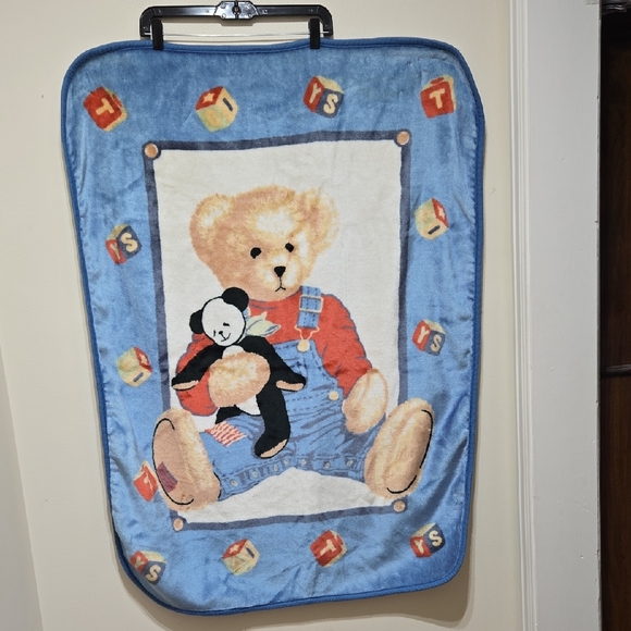 Bedding | Springmaid Vintage Blue Jean Teddy Bear Plush Baby Blanket ...